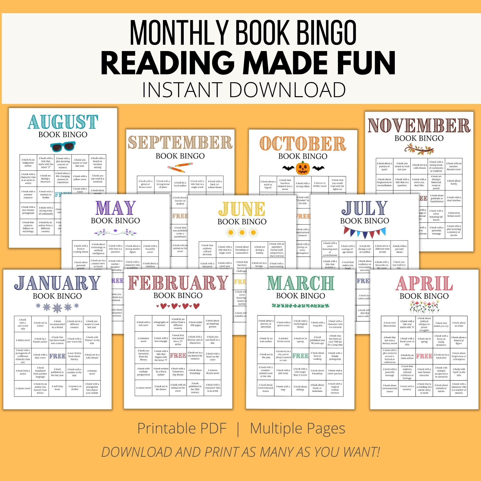 Monthly Book Bingo, Book Lovers Bingo, Adult Book Bingo Template ...