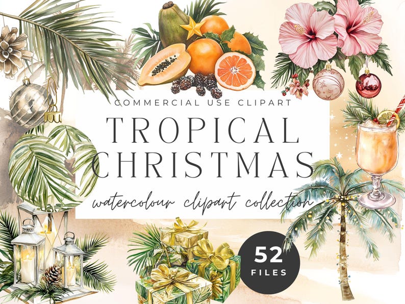 Tropical Christmas Clipart Collection - Watercolour Beach Holiday, Palm ...