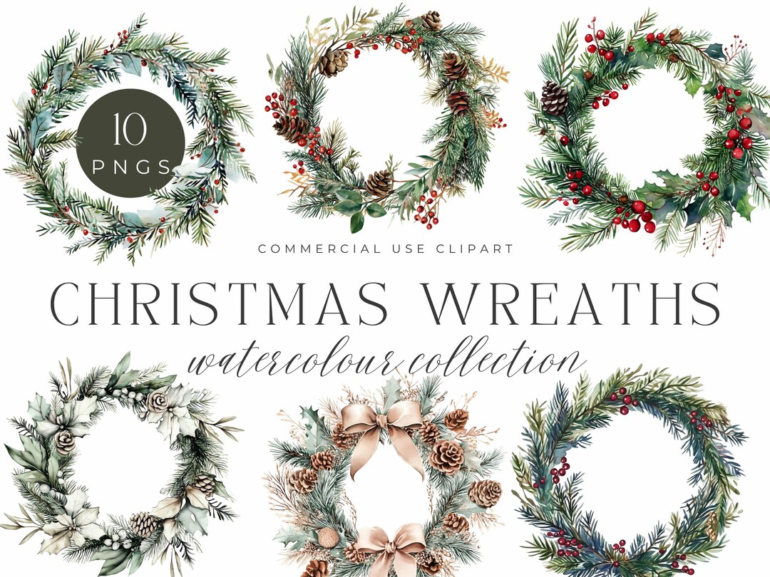Watercolor Christmas Wreaths Clipart | Holiday PNG Collection (digital ...