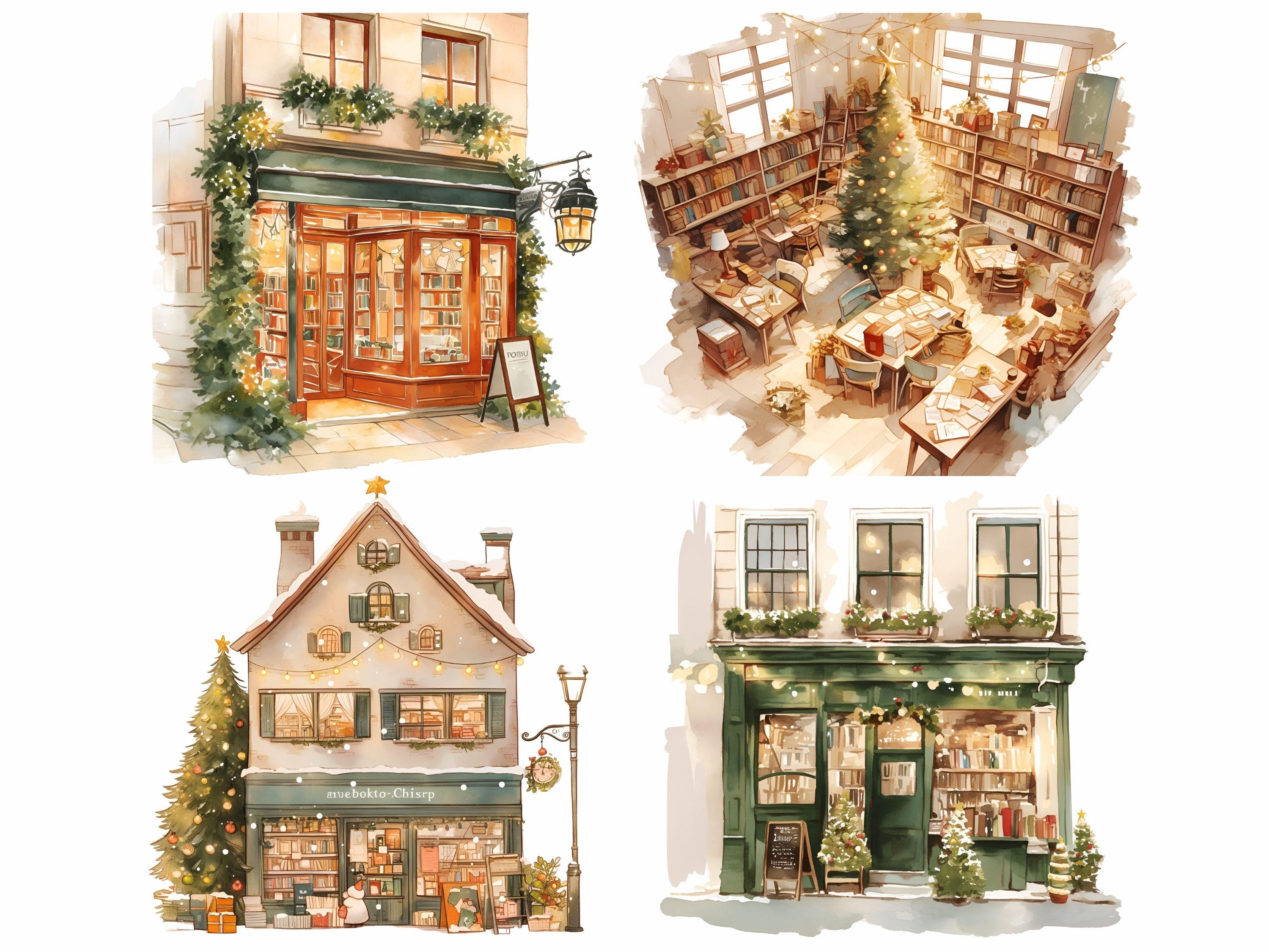 Christmas Bookstore Clipart Bundle, Cozy Holiday Storefronts, Festive ...