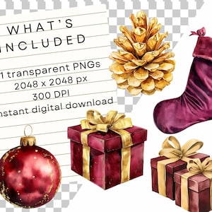 Luxe Christmas Clipart Set, Burgundy and Gold Holiday Graphics, Fashion ...