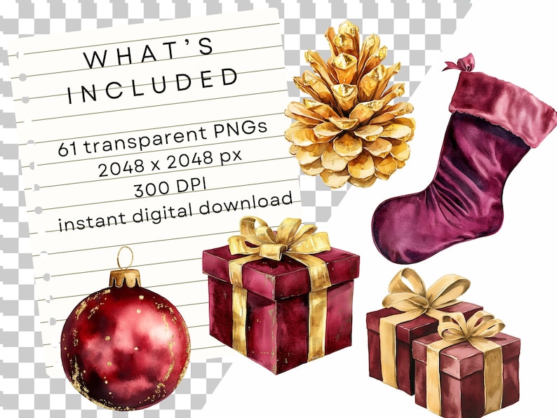 Luxe Christmas Clipart Set, Burgundy and Gold Holiday Graphics, Fashion ...