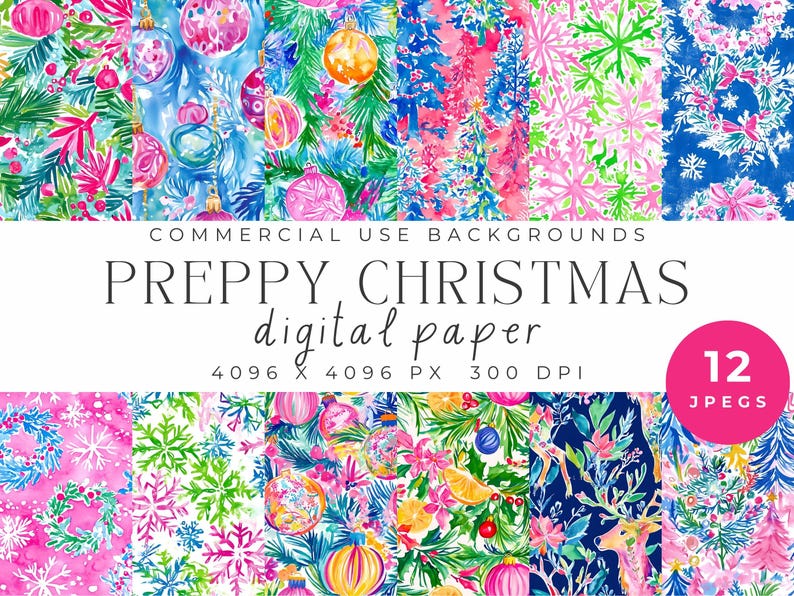 Preppy Christmas Digital Paper Pack - Vibrant Holiday Backgrounds for ...