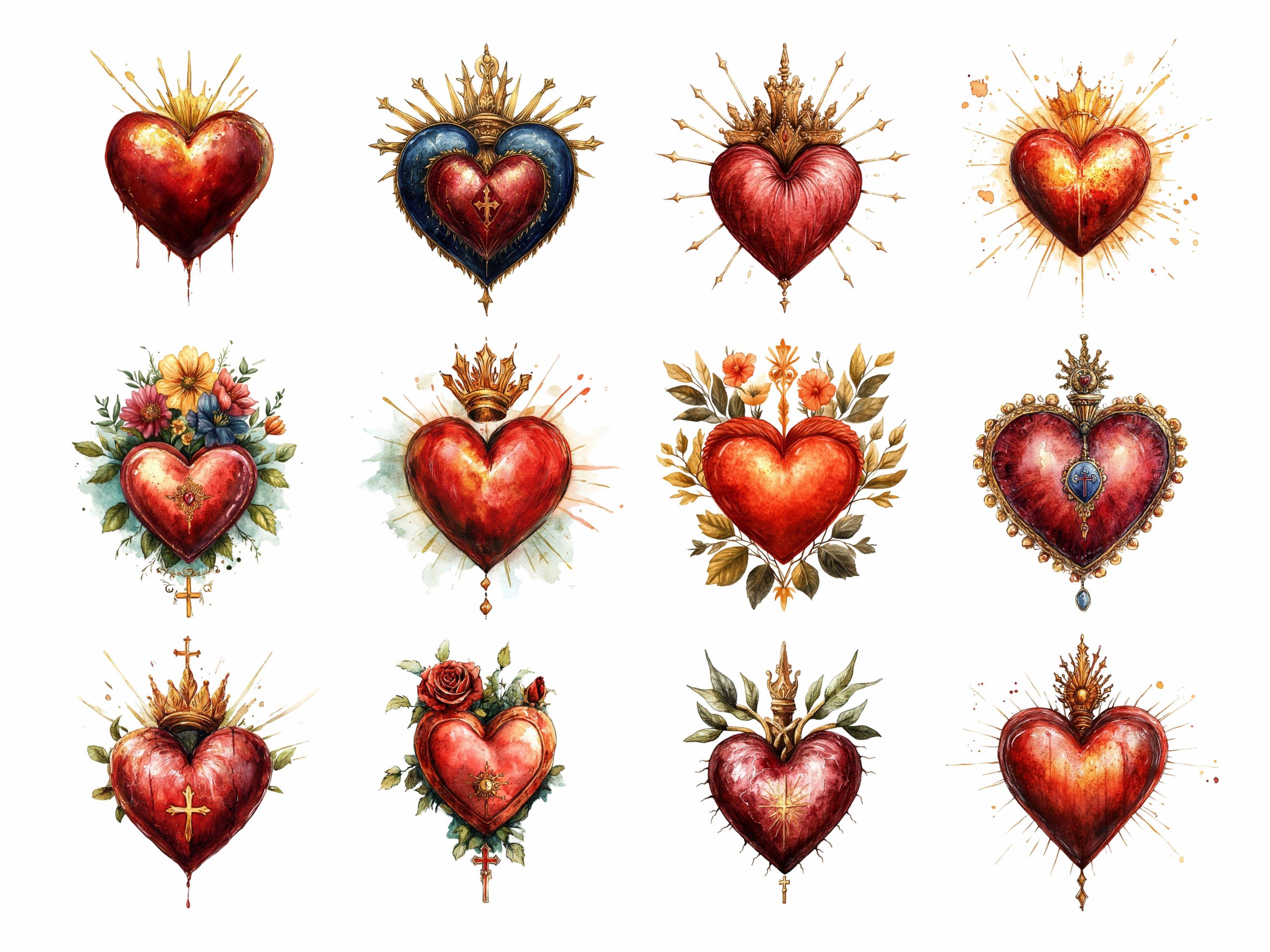 Sacred Hearts Clipart - Watercolor Religious Heart Symbols, Vintage ...