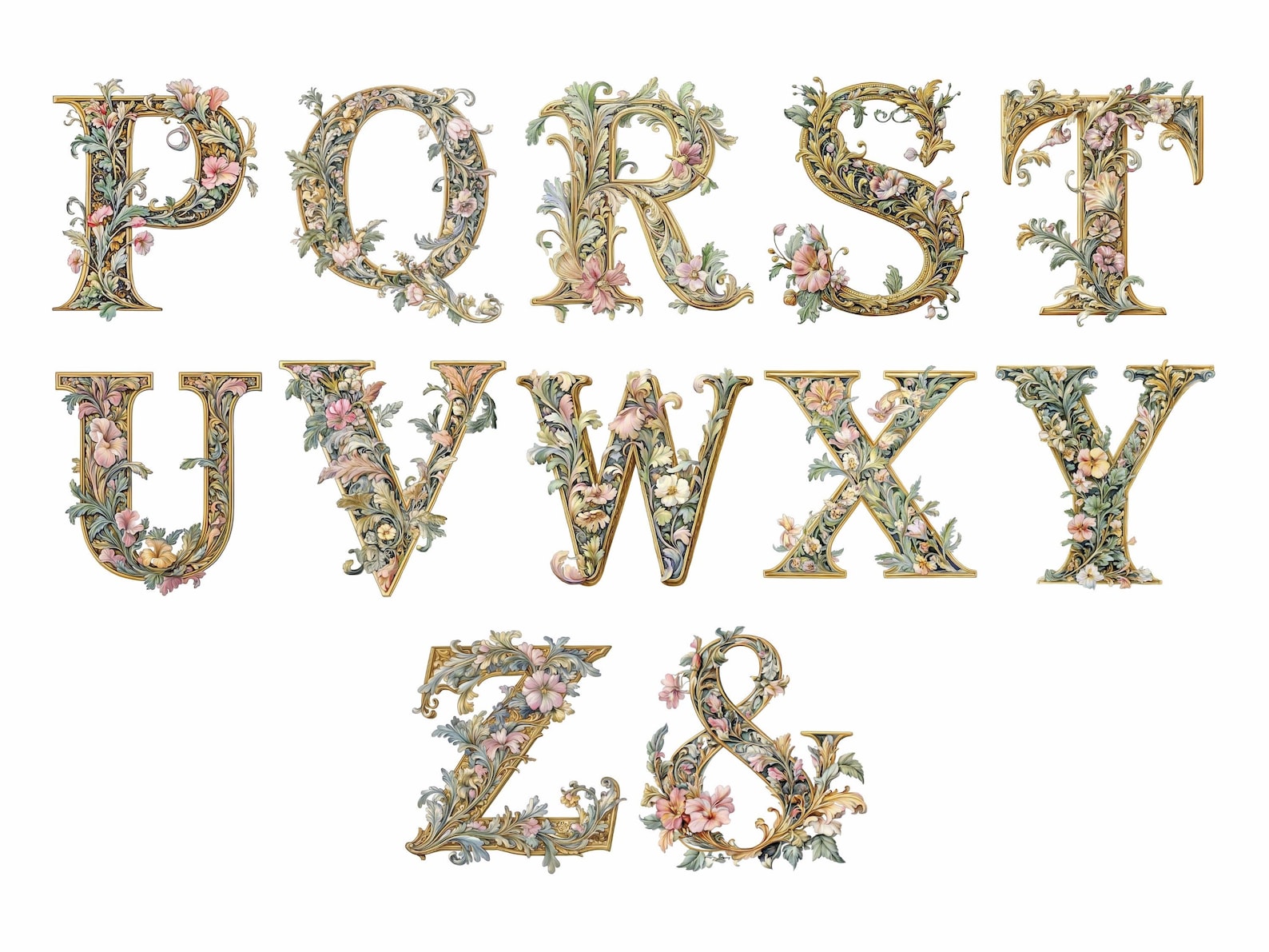 Rococo Floral Alphabet Clipart – Ornate Watercolor Letters, PNG Set for ...