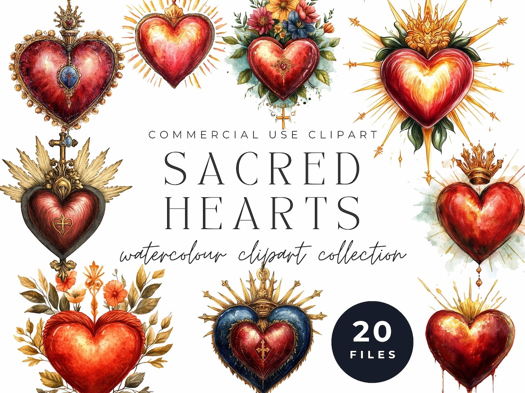 Sacred Hearts Clipart - Watercolor Religious Heart Symbols, Vintage ...