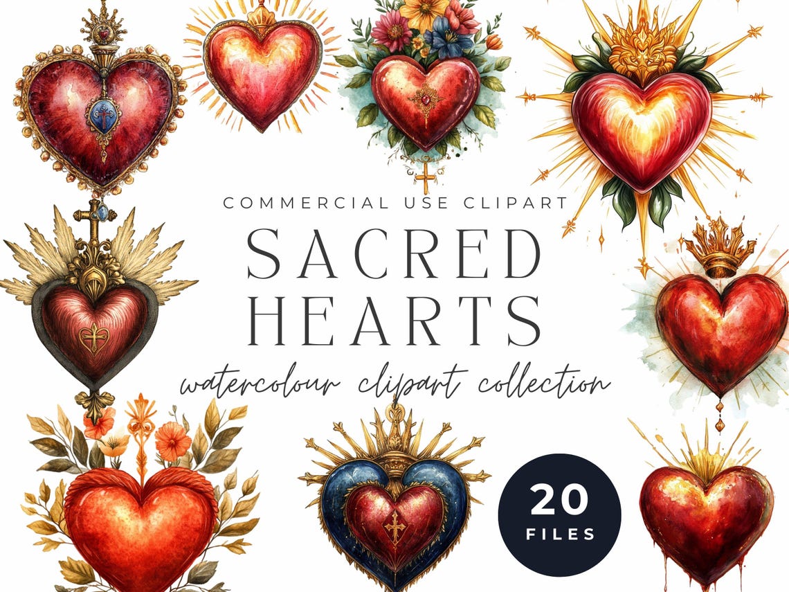 Sacred Hearts Clipart - Watercolor Religious Heart Symbols, Vintage ...