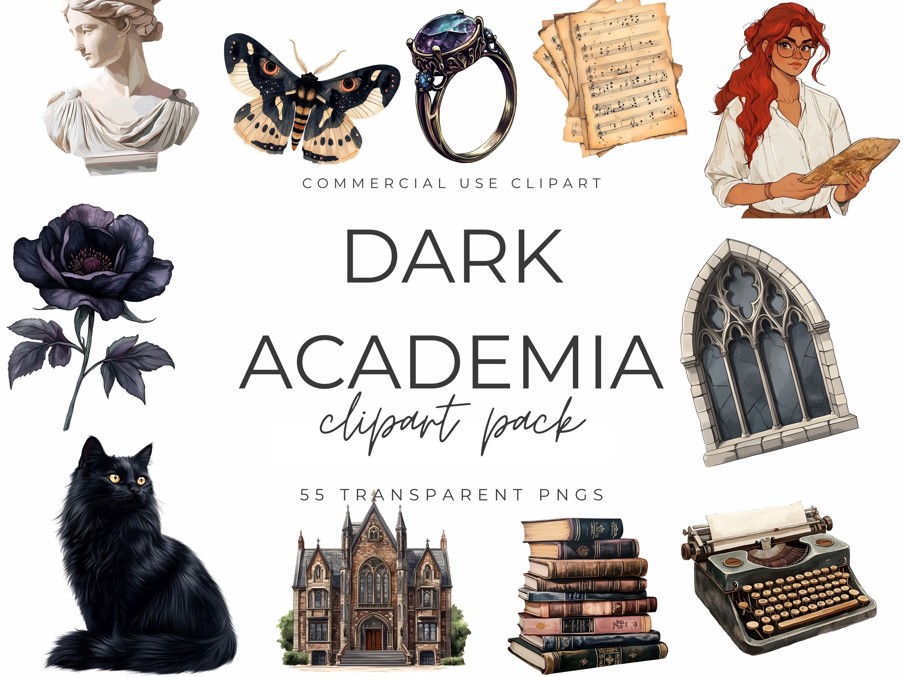Dark Academia Clipart - Gouache and Watercolour Clip Art - Transparent ...
