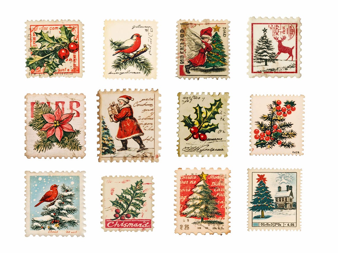 Vintage Christmas Stamps Clipart Collection | 20 Pngs - Retro Holiday ...