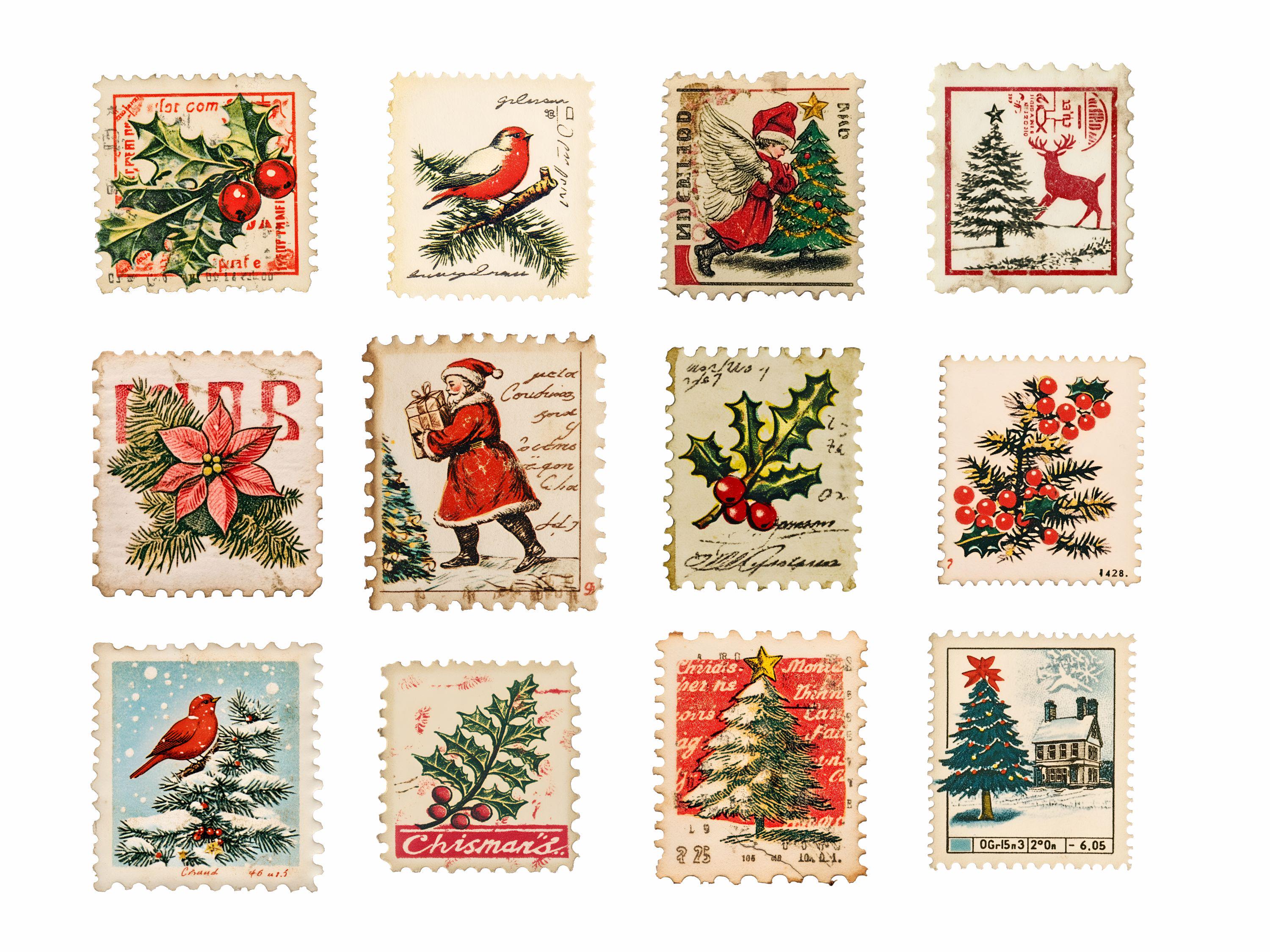 Vintage Christmas Stamps Clipart Collection | 20 Pngs - Retro Holiday ...