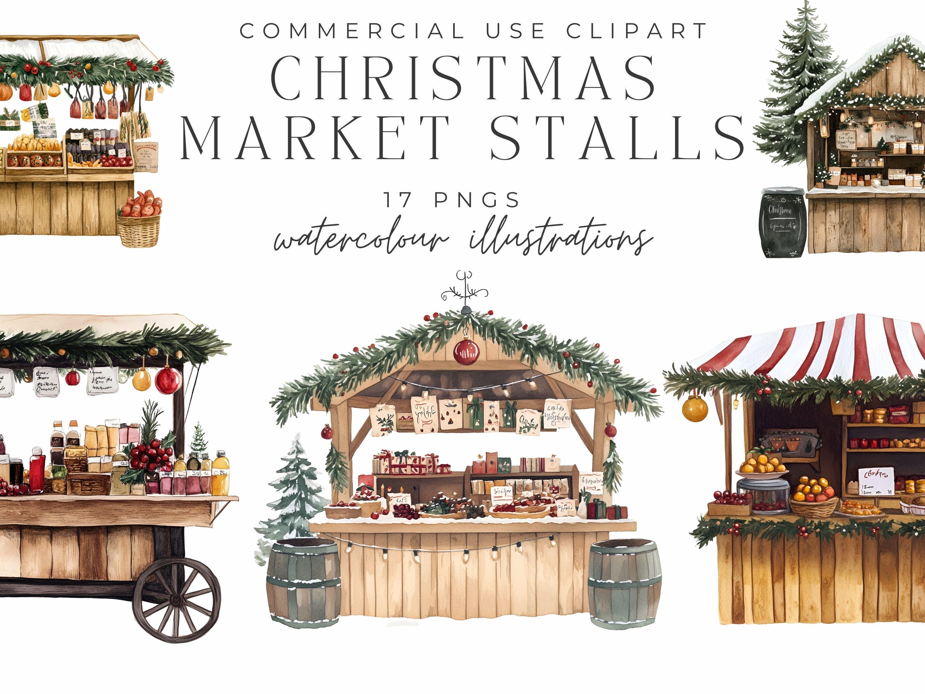 Christmas Market Stalls Clipart - Watercolor Winter Market ...