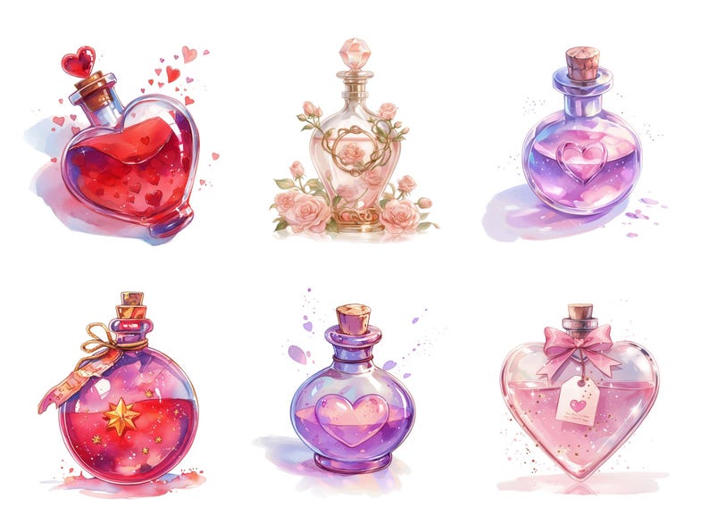 Love Potion Clipart Set – Heart-shaped Bottles, Romantic Potion Bottles ...