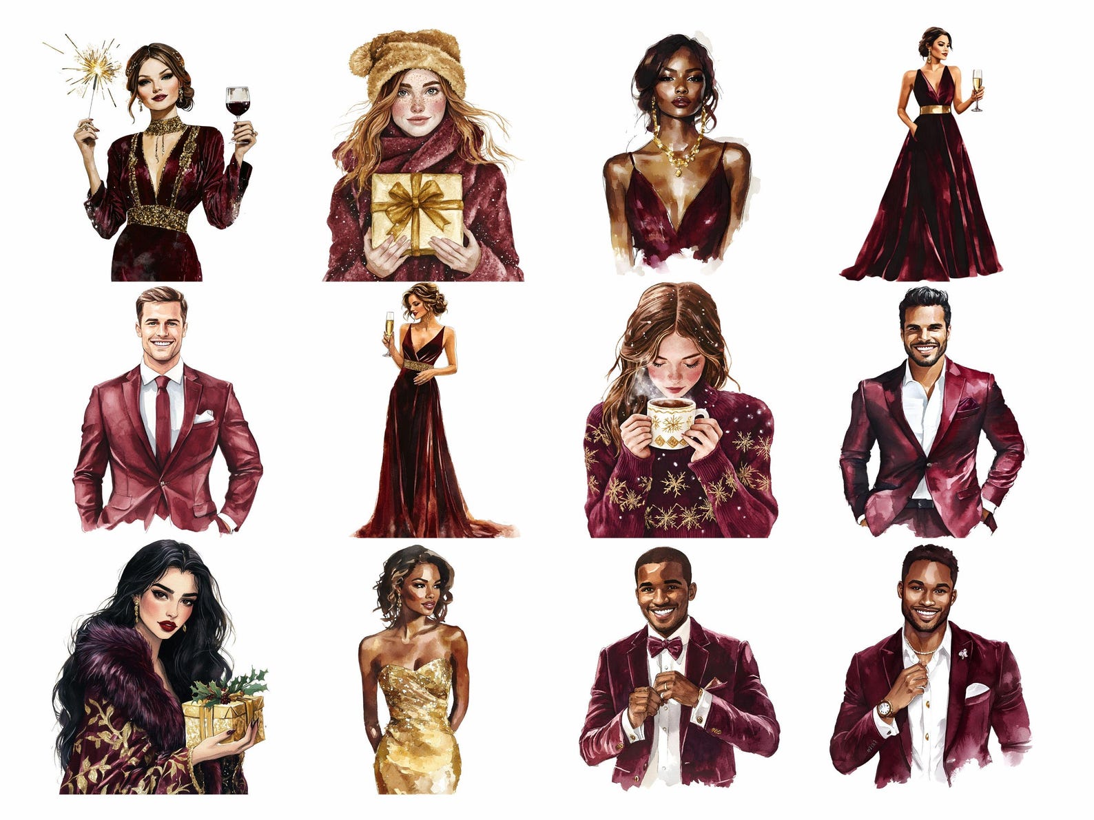 Luxe Christmas Clipart Set, Burgundy and Gold Holiday Graphics, Fashion ...