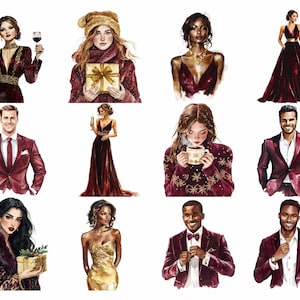 Luxe Christmas Clipart Set, Burgundy and Gold Holiday Graphics, Fashion ...