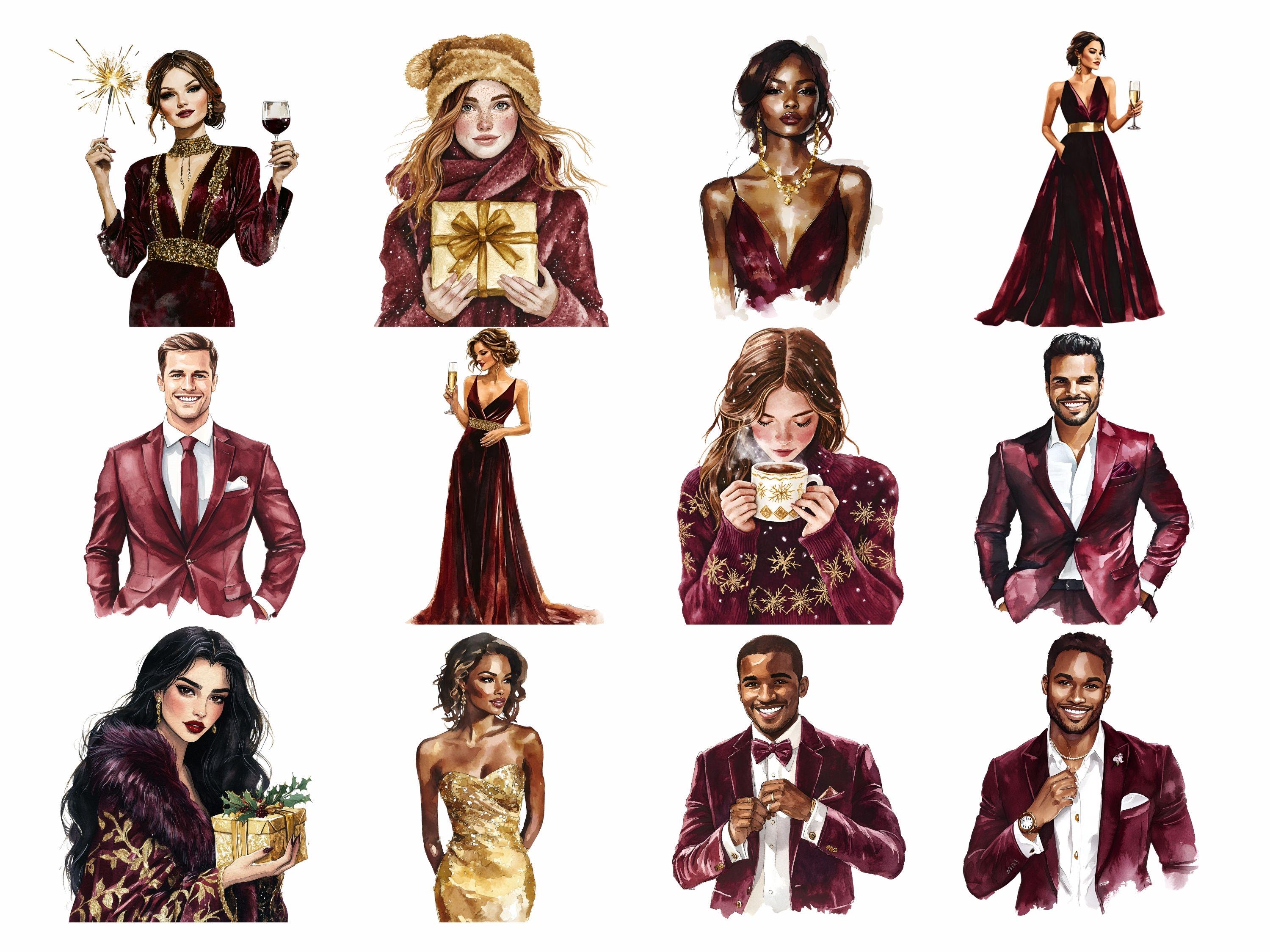 Luxe Christmas Clipart Set, Burgundy and Gold Holiday Graphics, Fashion ...