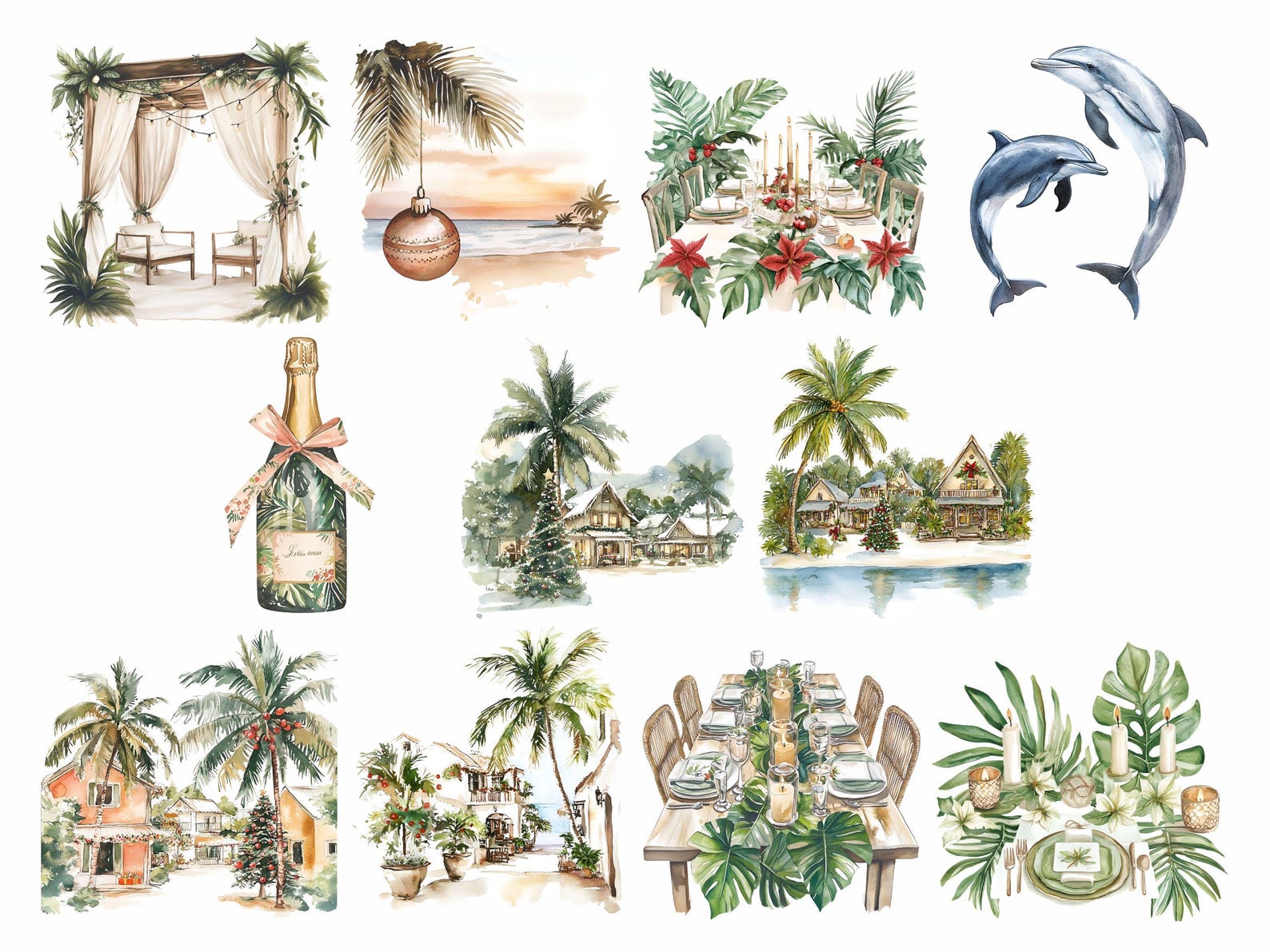 Tropical Christmas Clipart Collection - Watercolour Beach Holiday, Palm ...