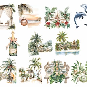 Tropical Christmas Clipart Collection - Watercolour Beach Holiday, Palm ...