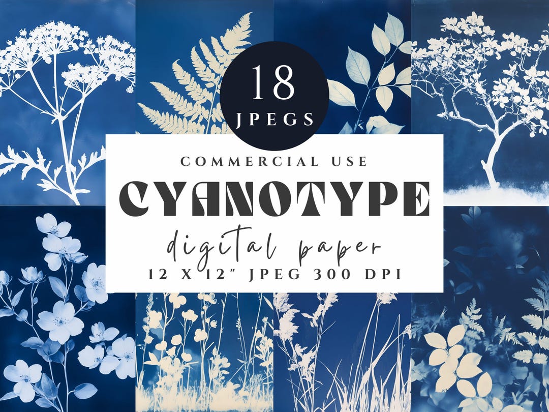 Cyanotype Digital Paper, Blue Botanical Patterns, Artistic Backgrounds ...