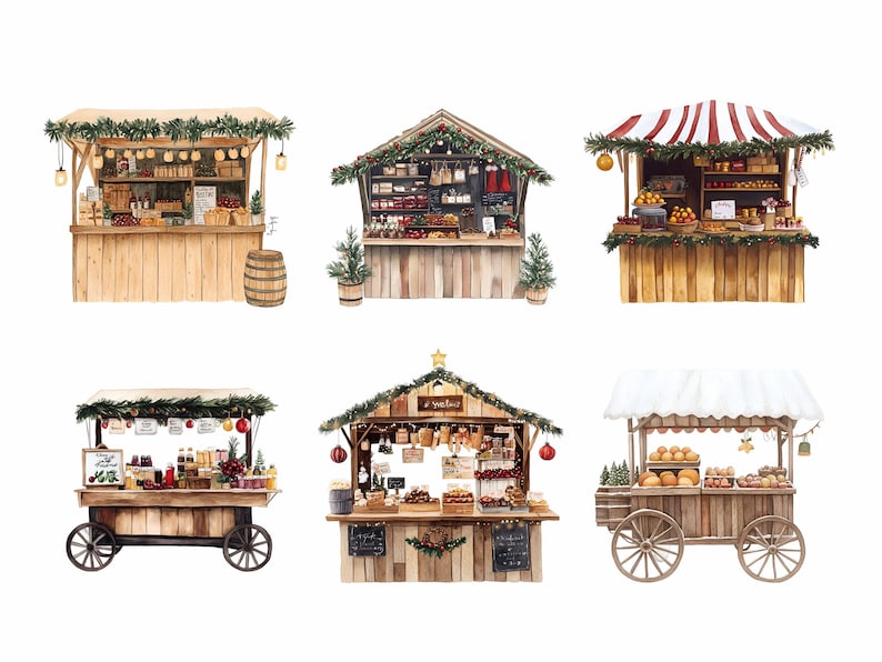 Christmas Market Stalls Clipart - Watercolor Winter Market ...