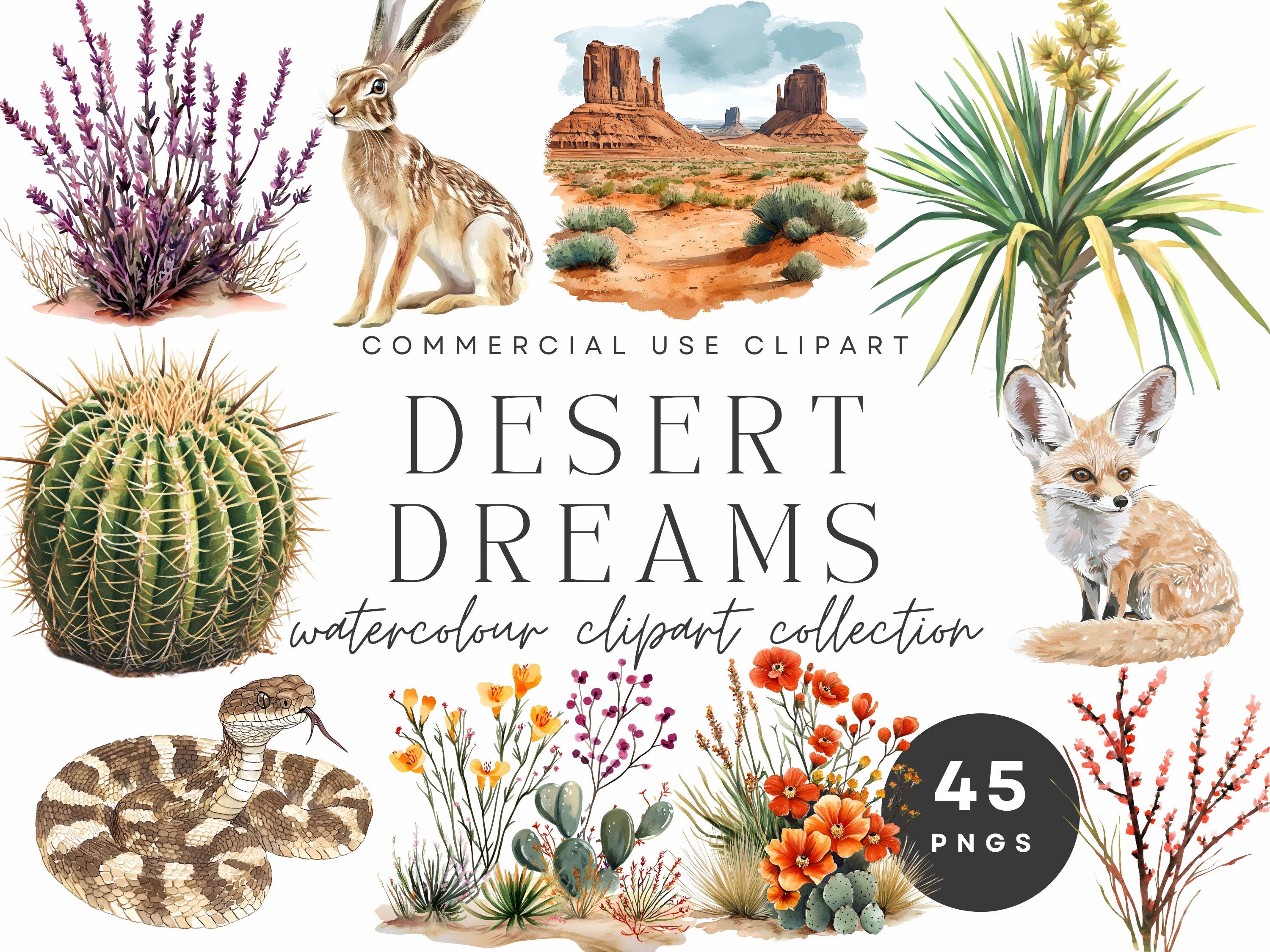 Desert Watercolor Clipart - Cactus, Wildlife & Desert Plants, Desert ...