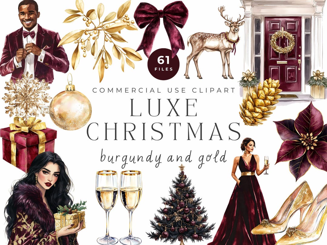 Luxe Christmas Clipart Set, Burgundy and Gold Holiday Graphics, Fashion ...