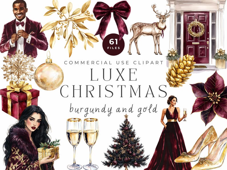 Luxe Christmas Clipart Set, Burgundy and Gold Holiday Graphics, Fashion ...