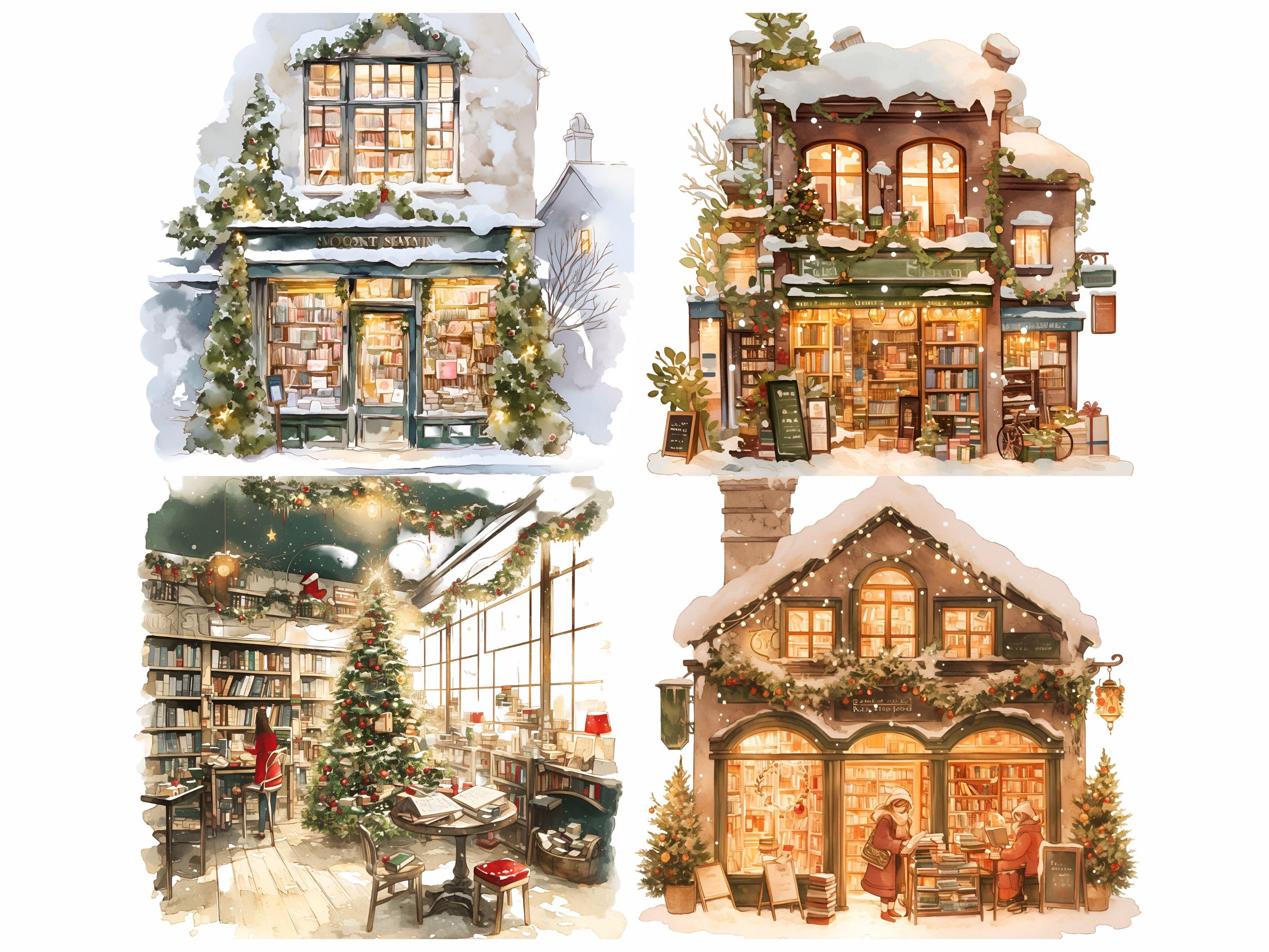Christmas Bookstore Clipart Bundle, Cozy Holiday Storefronts, Festive ...