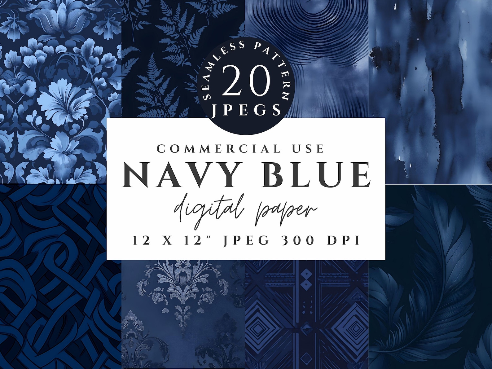 Navy Blue Digital Paper, Dark Floral Patterns, Seamless Textures ...