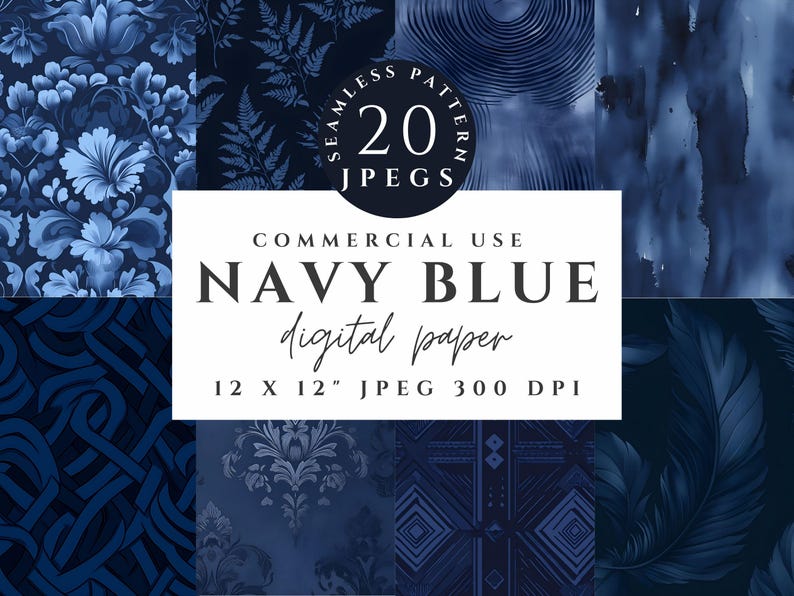 Navy Blue Digital Paper, Dark Floral Patterns, Seamless Textures ...