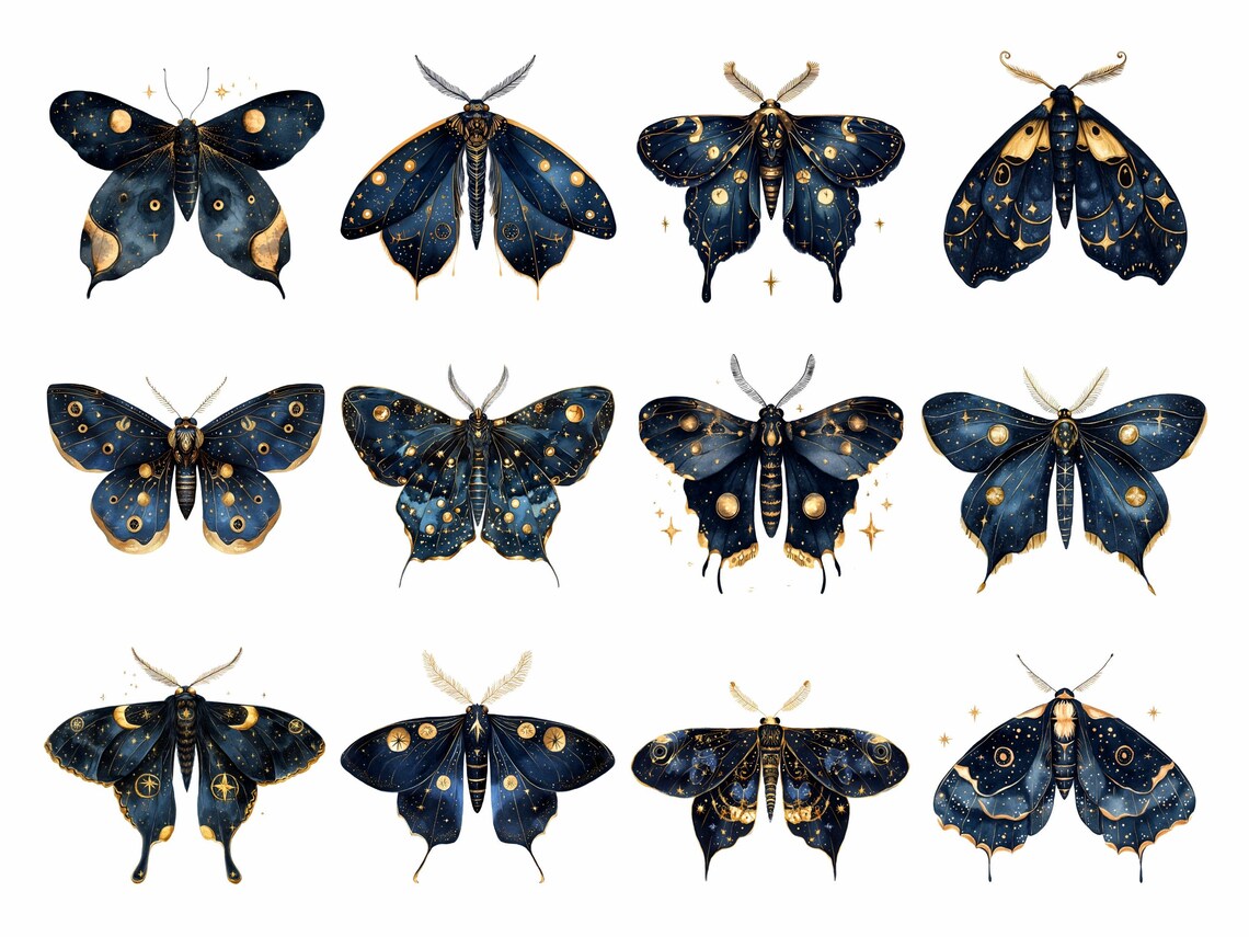 Celestial Moths Clipart - Watercolor Moon & Star Moths, Mystical Insect ...