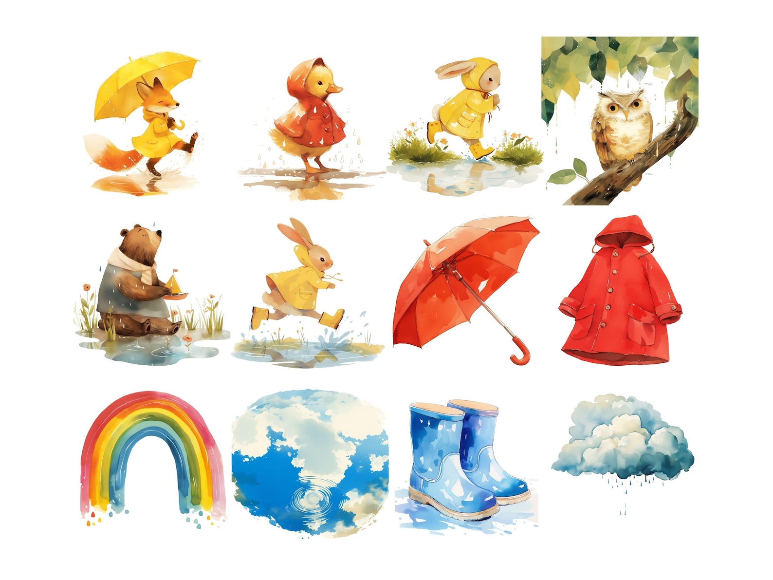 Rainy Day Animal Clipart Set, Cute Woodland Creatures With Umbrellas ...