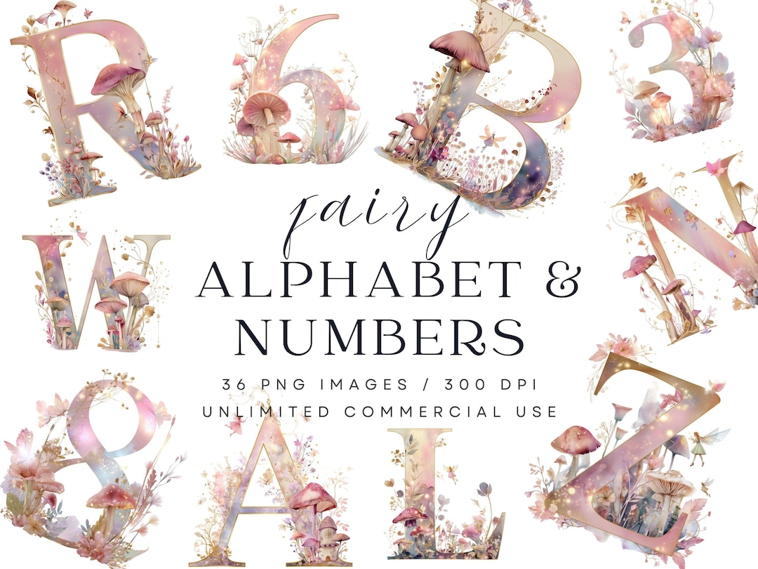 Fairy Alphabet Clipart Letters and Numbers, Whimsical Floral Font With ...