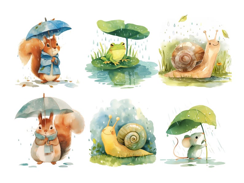 Rainy Day Animal Clipart, Watercolor Woodland Creatures (PNG ...