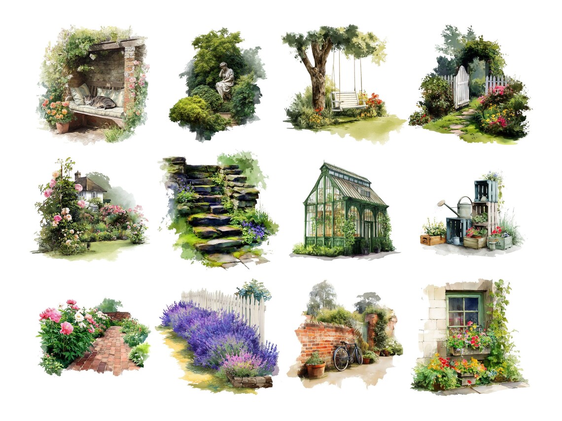 Vintage Garden Clipart | Cottage Garden Illustration | Greenhouse Clip ...