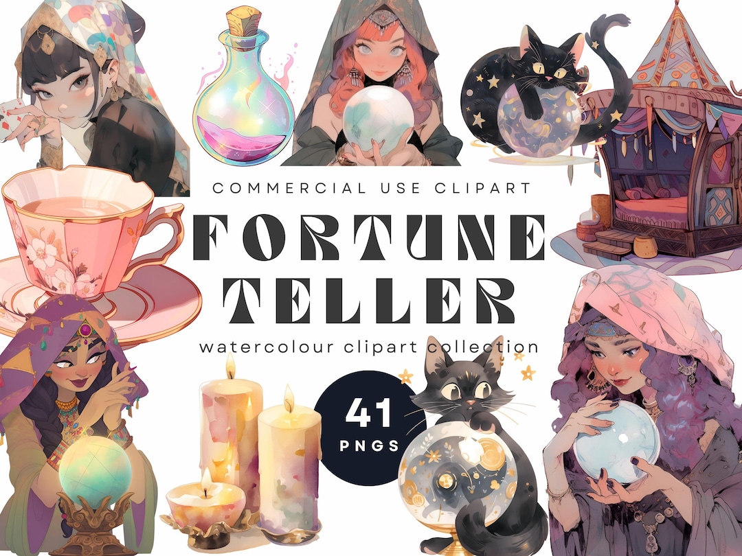 Fortune Teller Clipart Bundle, Mystic Watercolor, Crystal Ball, Tarot ...