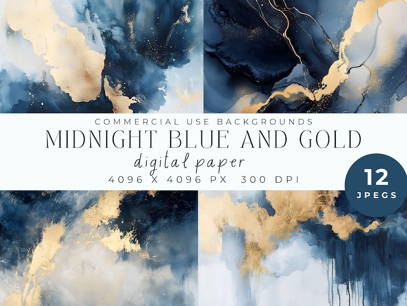 Midnight Blue and Gold Digital Paper - Navy Abstract Watercolor ...