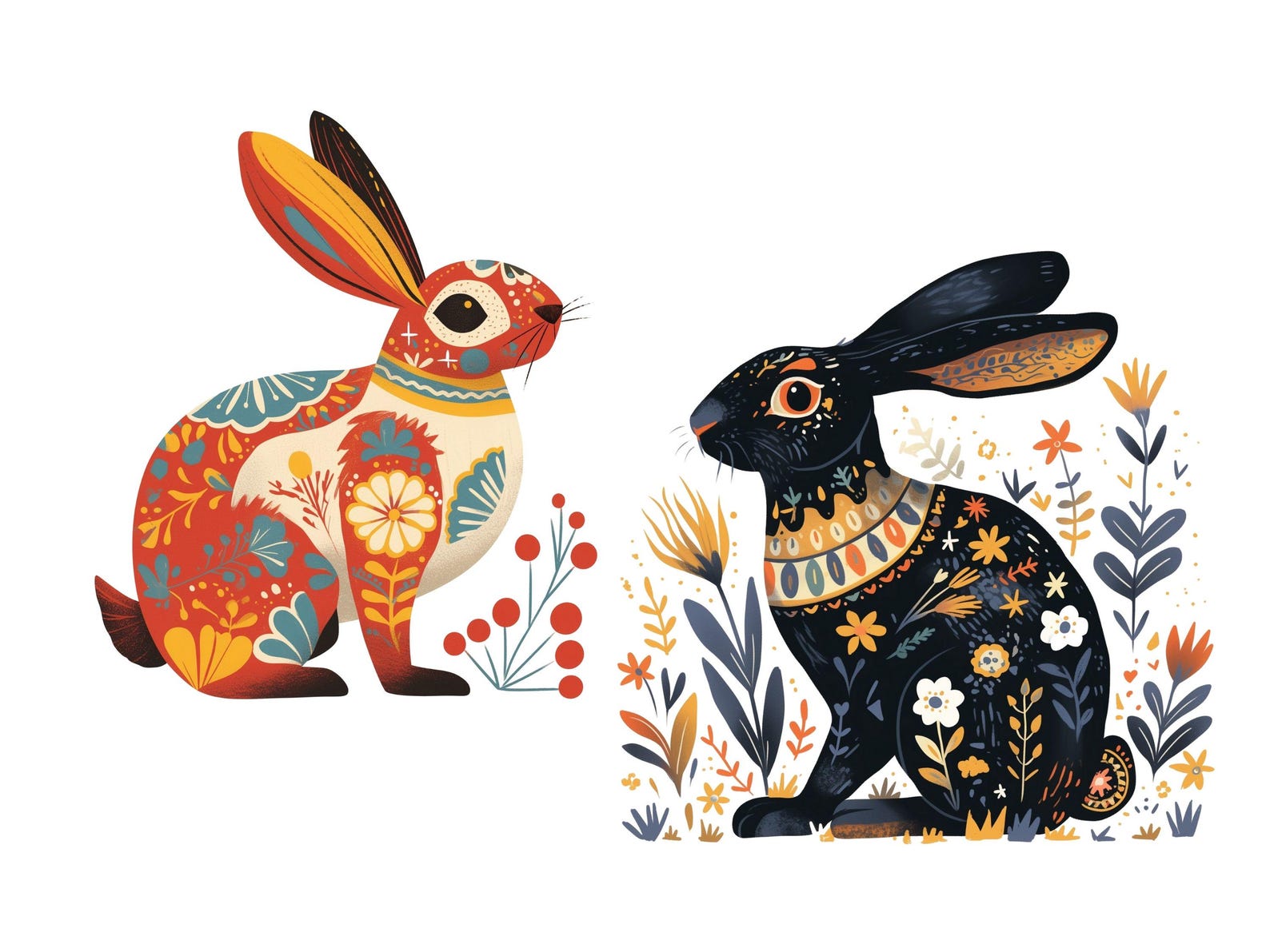 Folk Art Rabbit Clipart | Floral Bunny Illustrations | Rustic Boho ...