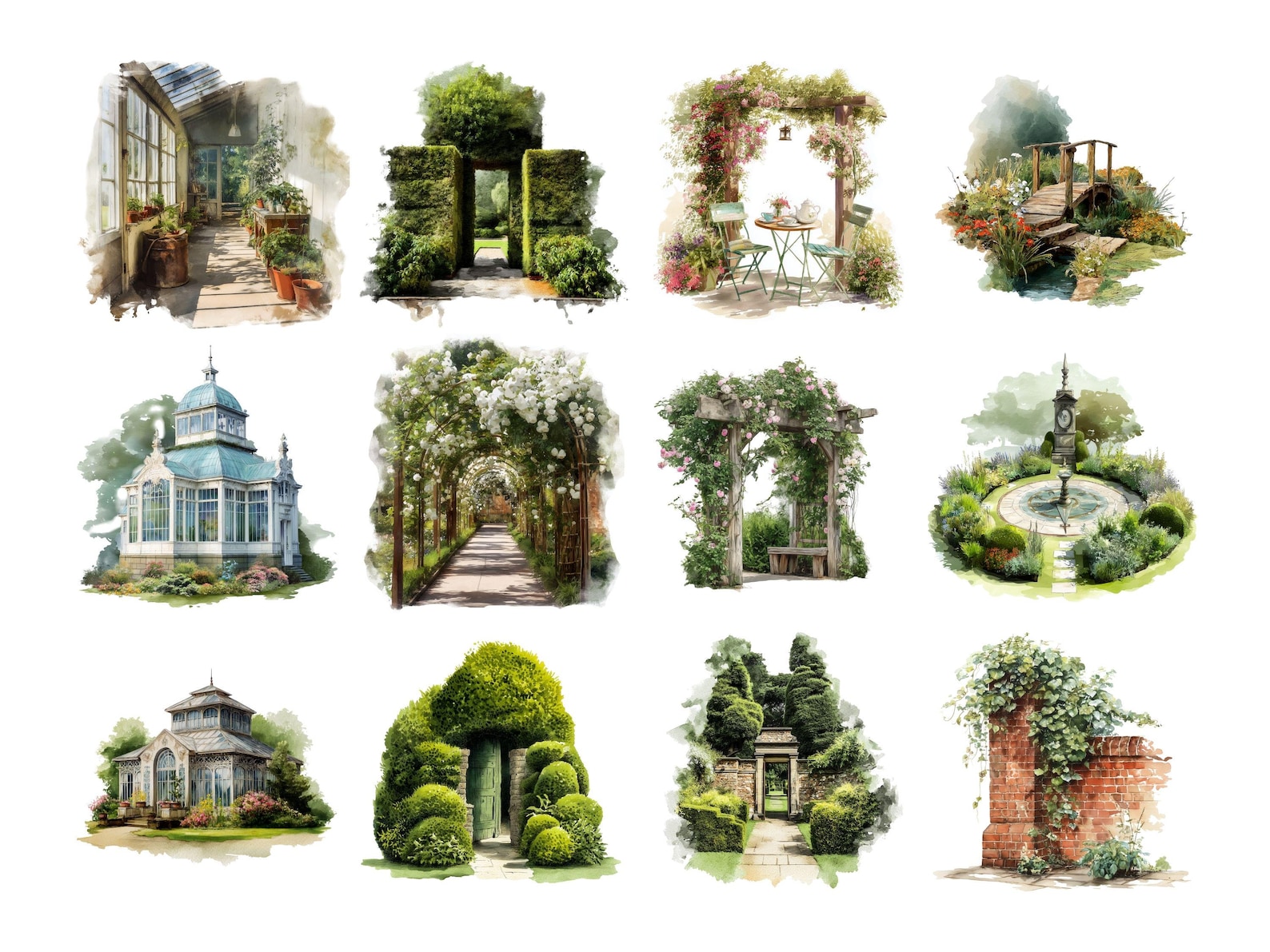 Vintage Garden Clipart | Cottage Garden Illustration | Greenhouse Clip ...