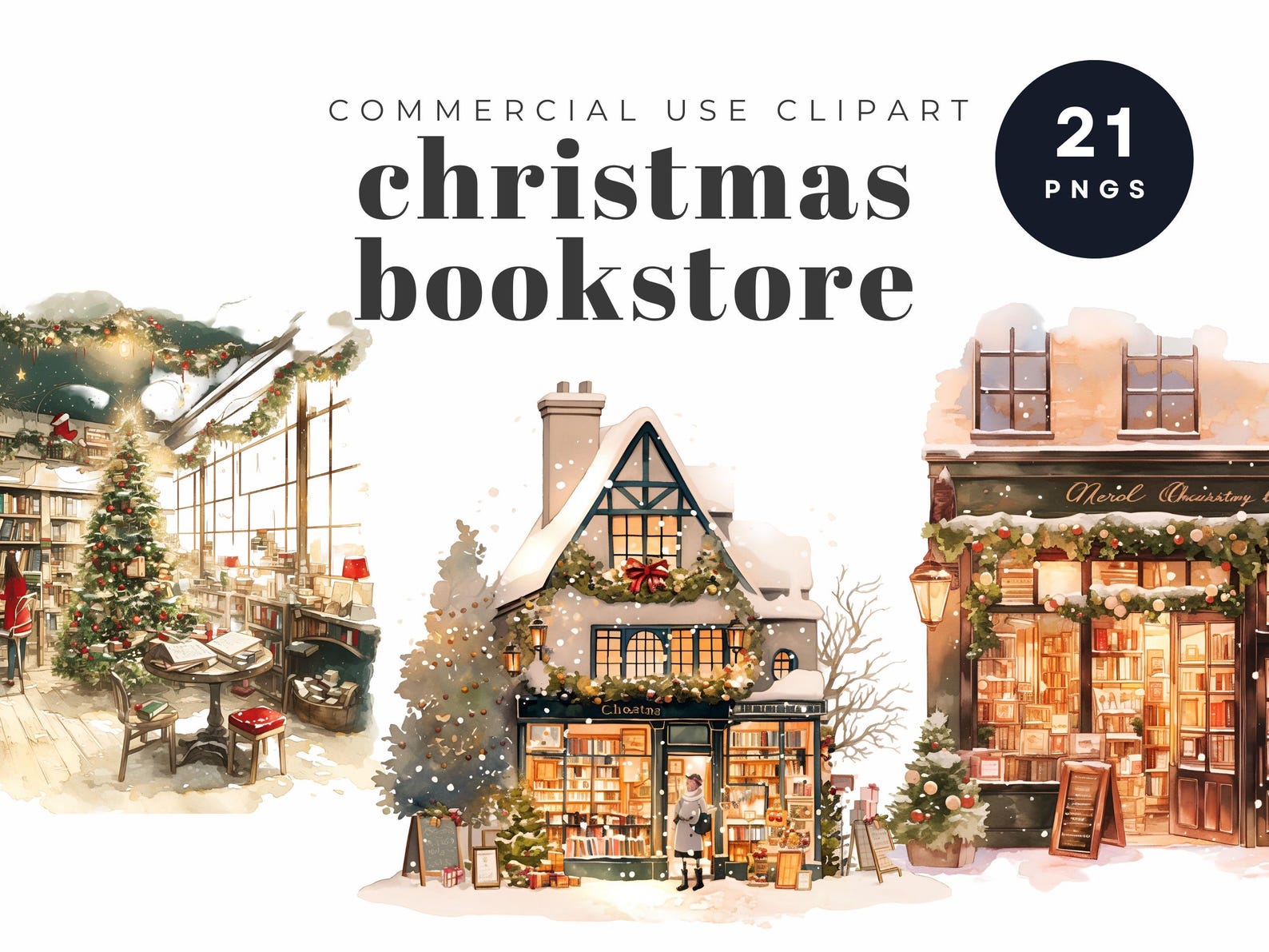 Christmas Bookstore Clipart Bundle, Cozy Holiday Storefronts, Festive ...
