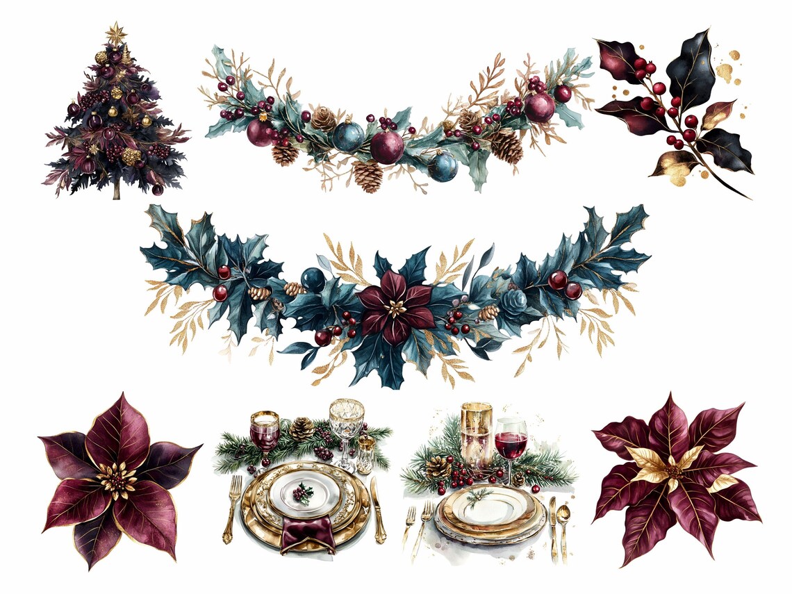 Luxe Christmas Clipart Set, Burgundy and Gold Holiday Graphics, Fashion ...