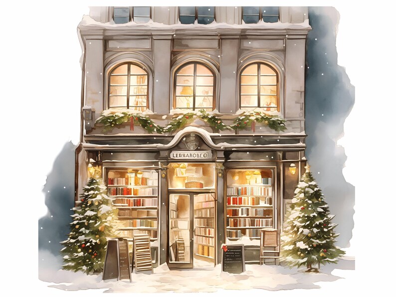 Christmas Bookstore Clipart Bundle, Cozy Holiday Storefronts, Festive ...