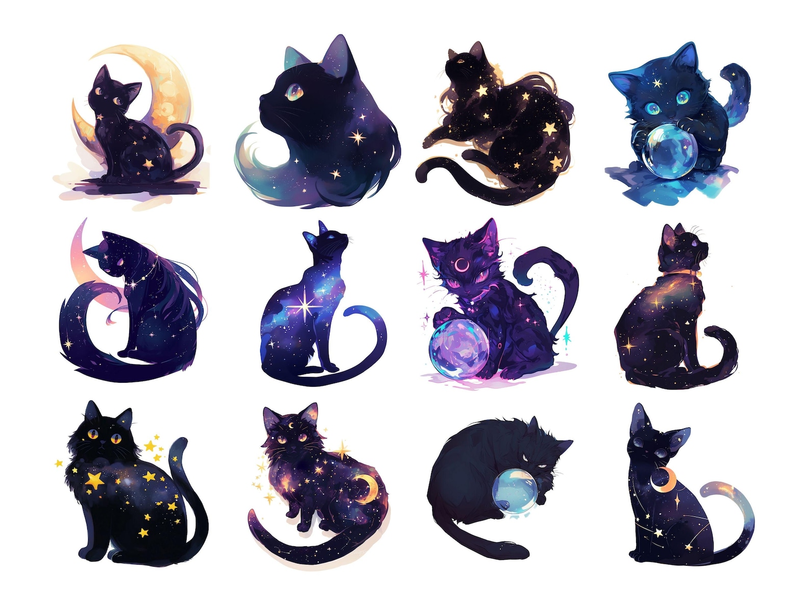 Magical Galaxy Black Cat Clipart Bundle, Celestial Cat Illustrations ...