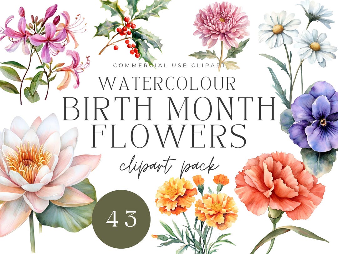 Watercolor Birth Month Flowers Clipart | Botanical PNG (digital ...