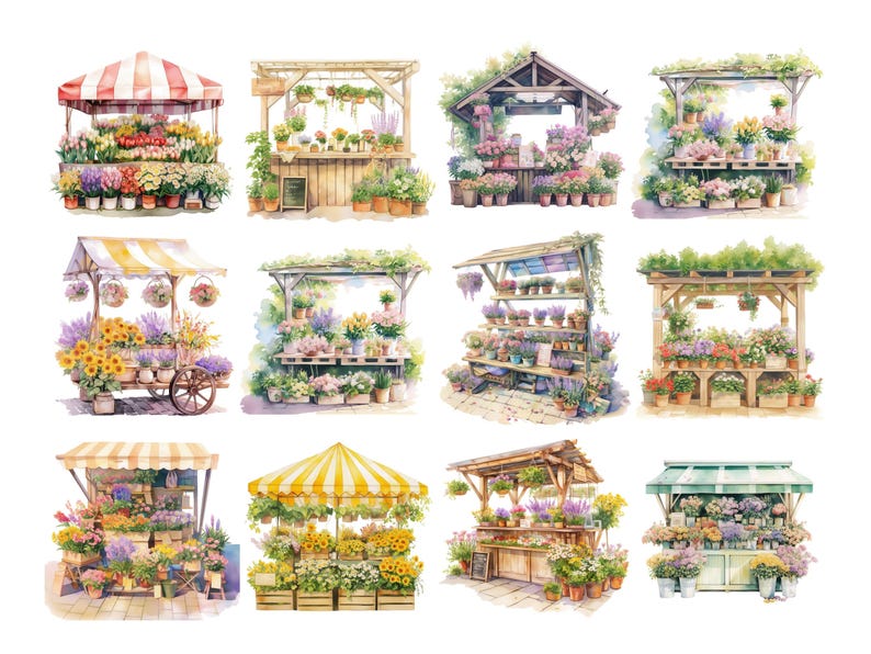 Flower Market Clipart Set | Floral Stall Illustrations, Watercolor ...