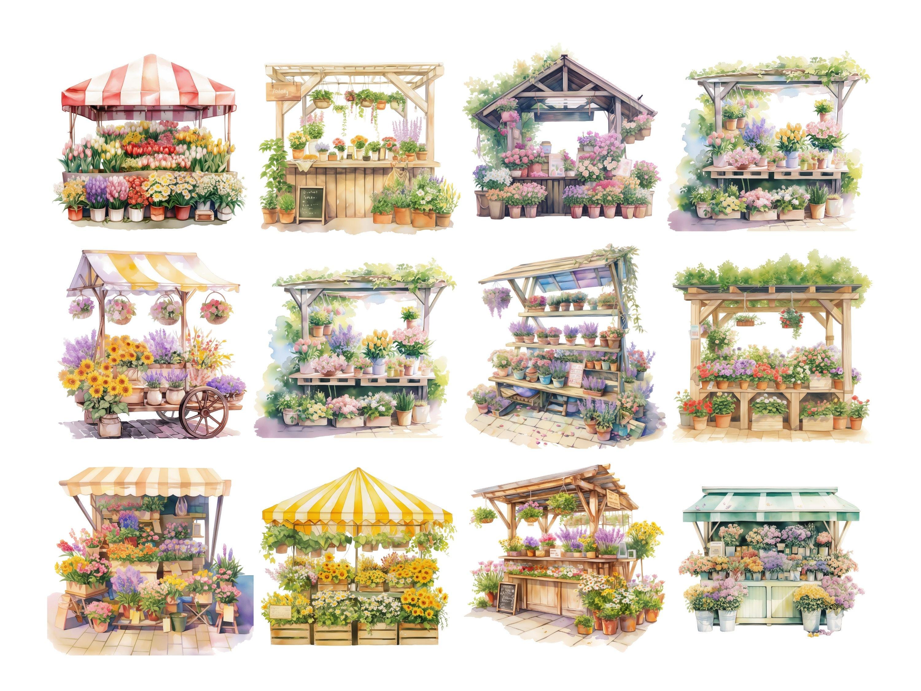 Flower Market Clipart Set | Floral Stall Illustrations, Watercolor ...