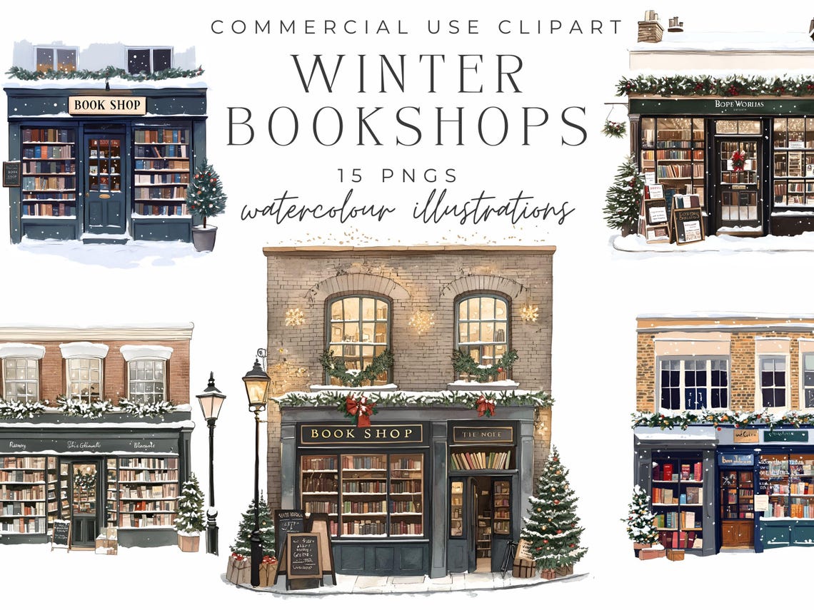 Winter Bookshops Clipart - Watercolor Christmas Bookstore Illustrations ...