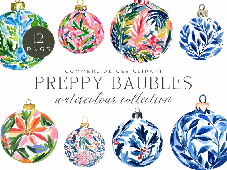 Preppy Baubles Clipart - Watercolor Christmas Ornaments, Festive ...
