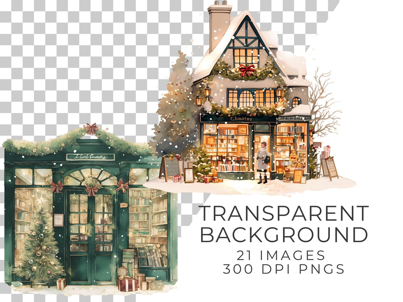 Christmas Bookstore Clipart Bundle, Cozy Holiday Storefronts, Festive ...