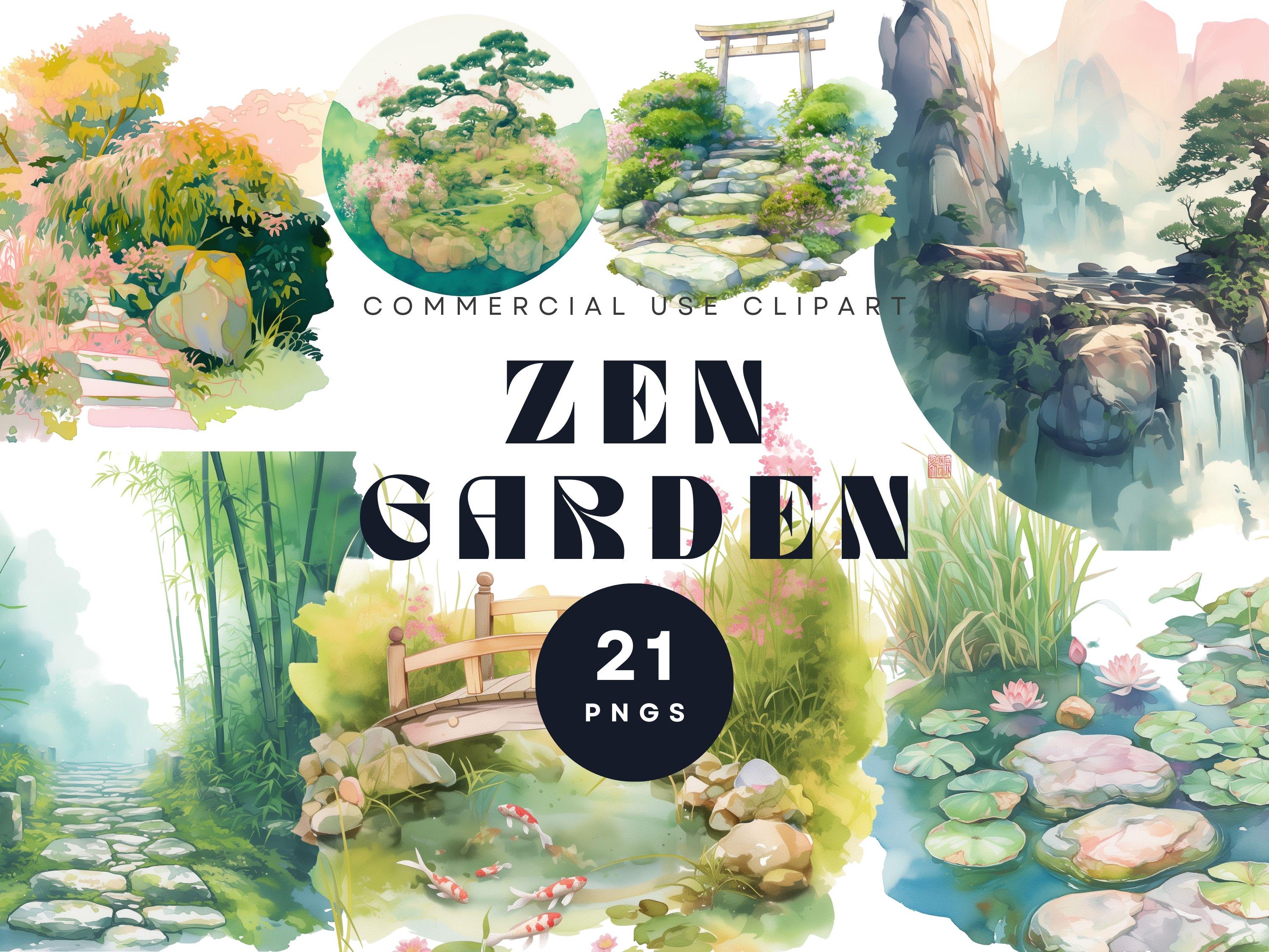 Zen Garden Clipart Set, Japanese Watercolor Garden Elements PNG, Bamboo ...
