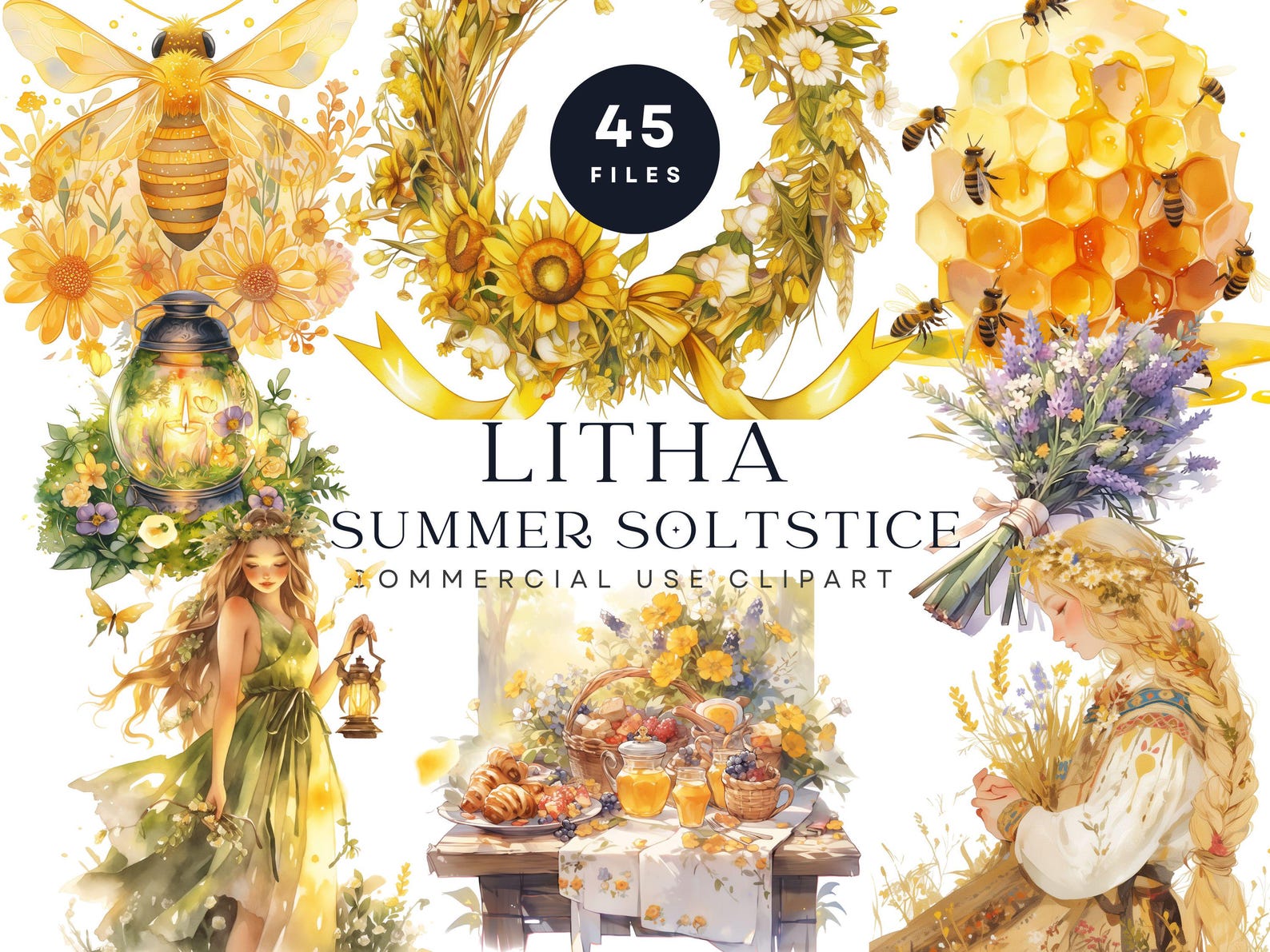 Litha Summer Solstice Clipart, Sunflower Bee Flowers, Pagan Midsummer ...